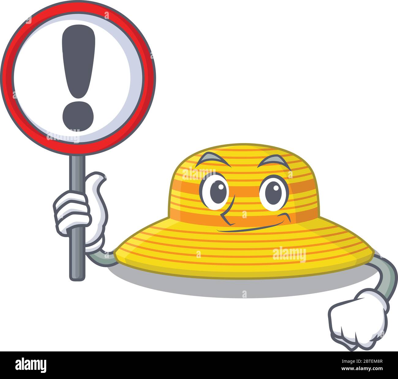 A cartoon icon of summer hat with a exclamation sign board. Vector ...