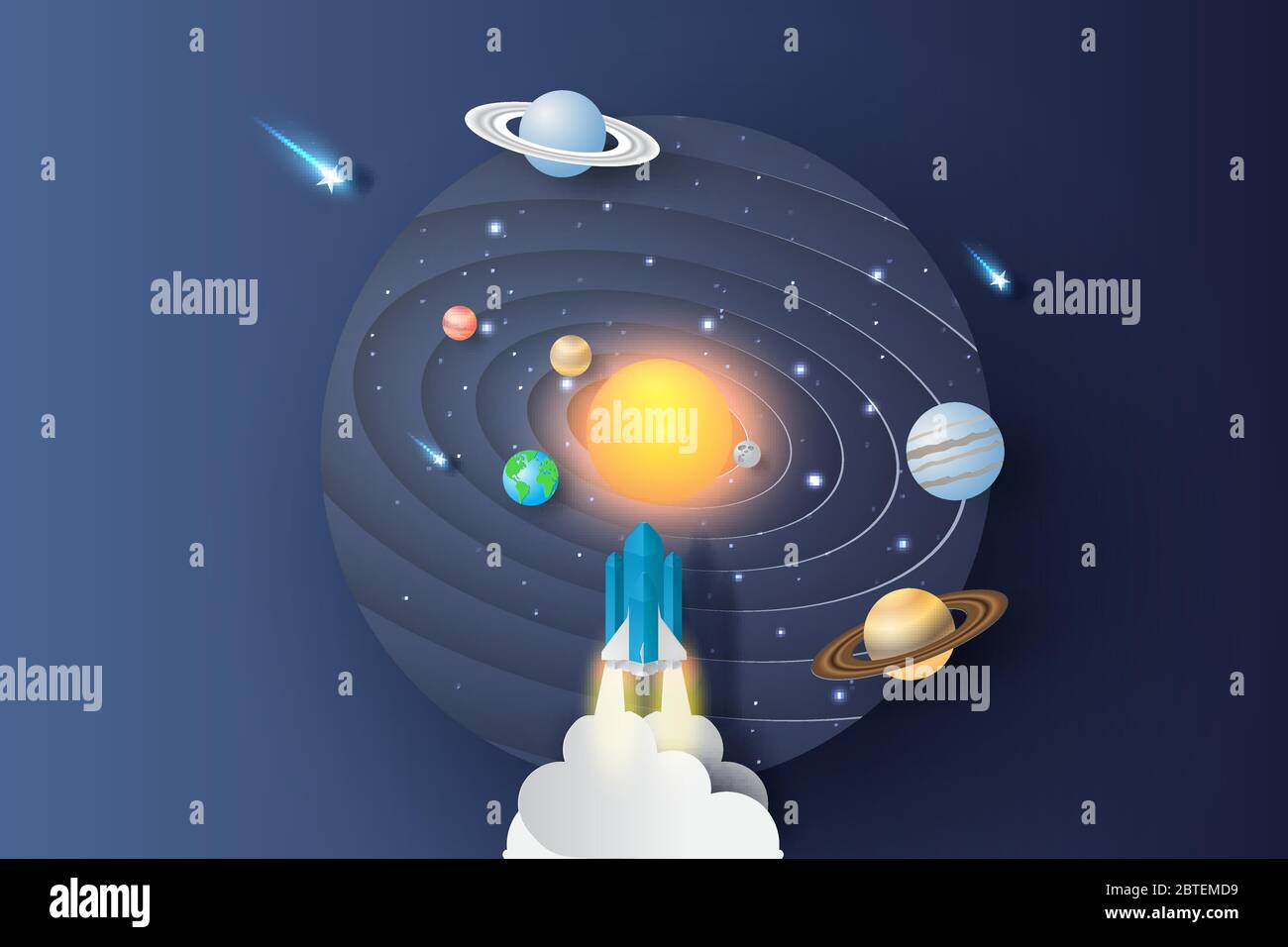 3D illustration of Abstract curve wave with launch rocket Startup for ...