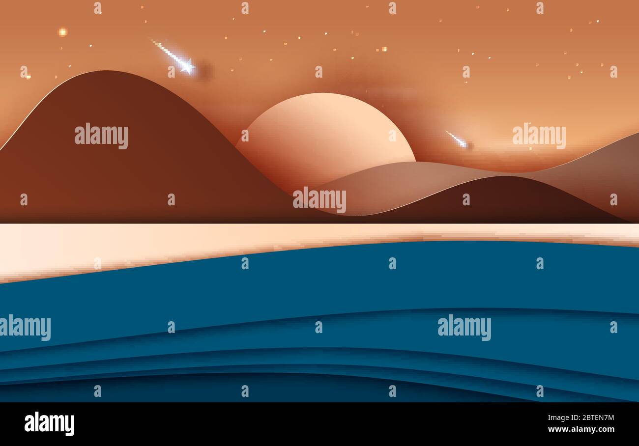 3D illustration of Landscape with mountains and beach sunset time.Light ...