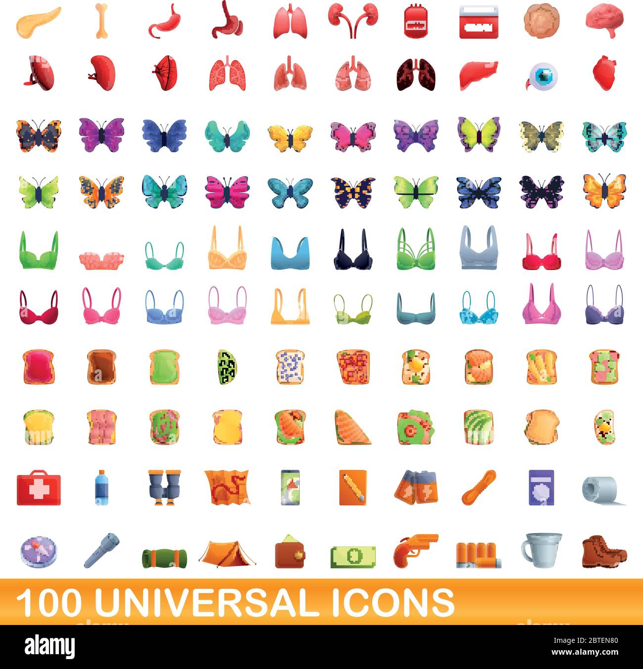 100 universal icons set. Cartoon illustration of 100 universal icons ...