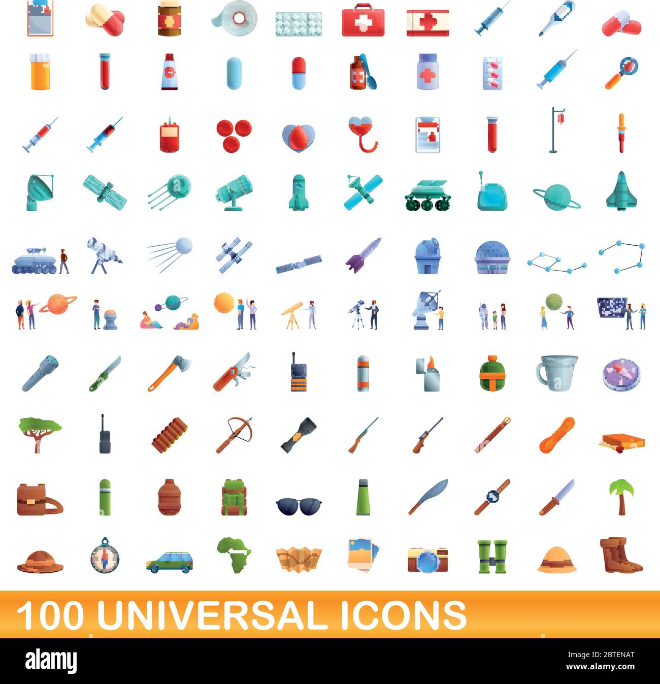 100 universal icons set. Cartoon illustration of 100 universal icons ...
