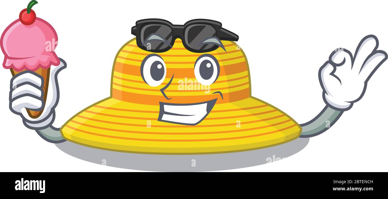 A cartoon drawing of summer hat holding cone ice cream. Vector ...