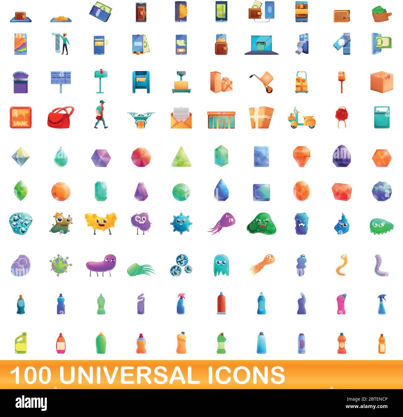 100 universal icons set. Cartoon illustration of 100 universal icons ...