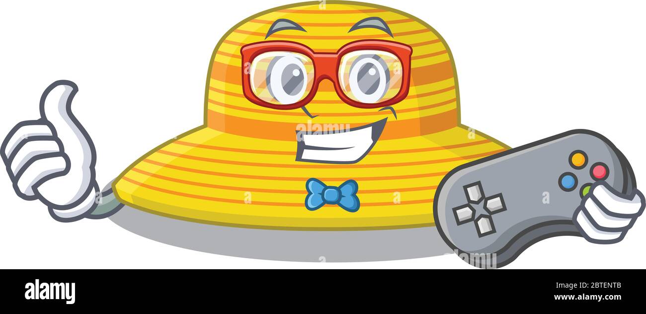 Mascot design style of summer hat gamer playing with controller. Vector ...