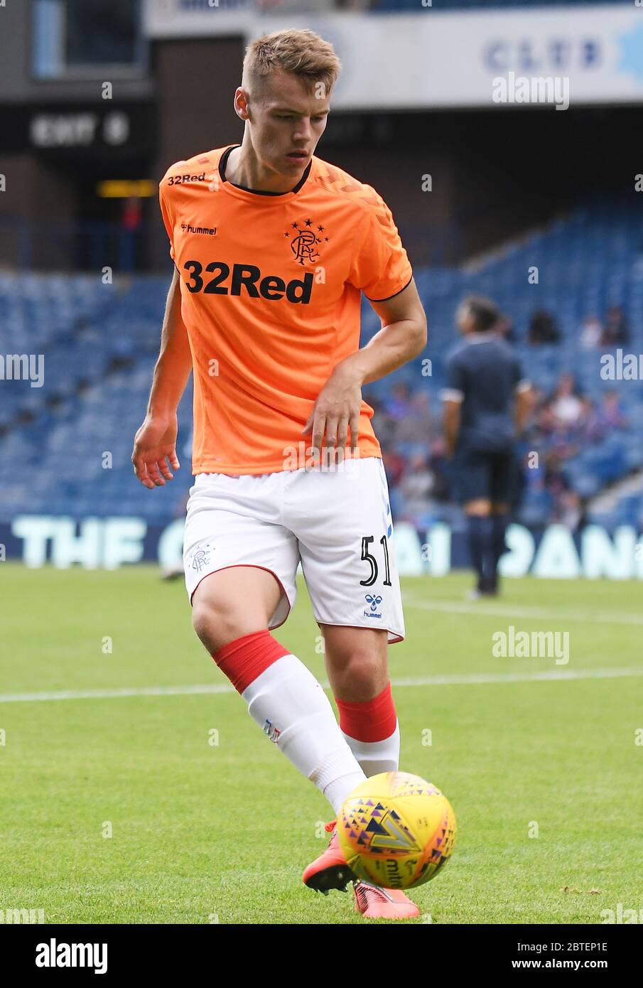 GLASGOW, SCOTLAND - JULY 18, 2019: Lewis Mayo of Rangers pictured prior ...