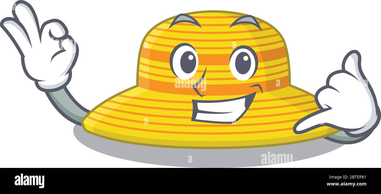 Caricature design of summer hat showing call me funny gesture. Vector ...