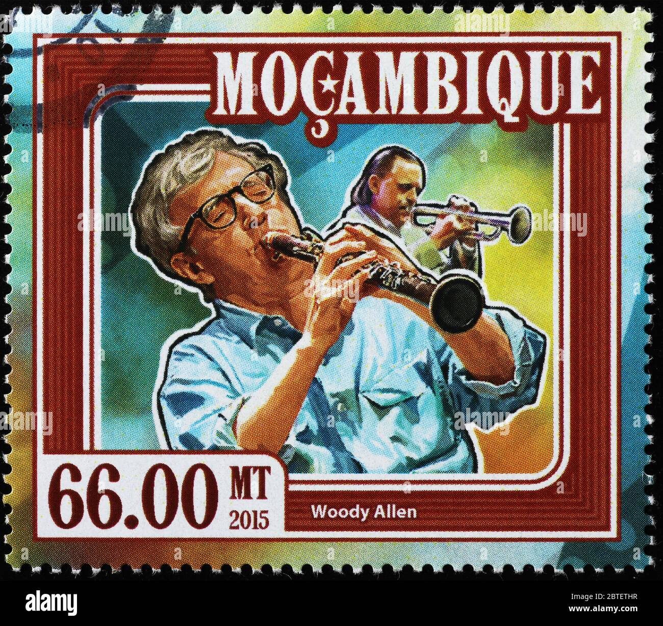Woody Allen playing the clarinet on postage stamp Stock Photo - Alamy