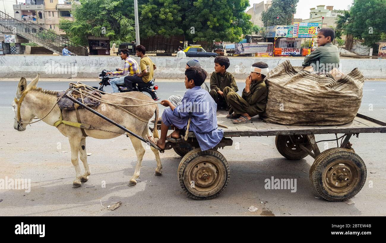 Children Running Donkey Cart In Karachi, Pakistan 25/07/2018 Stock ...