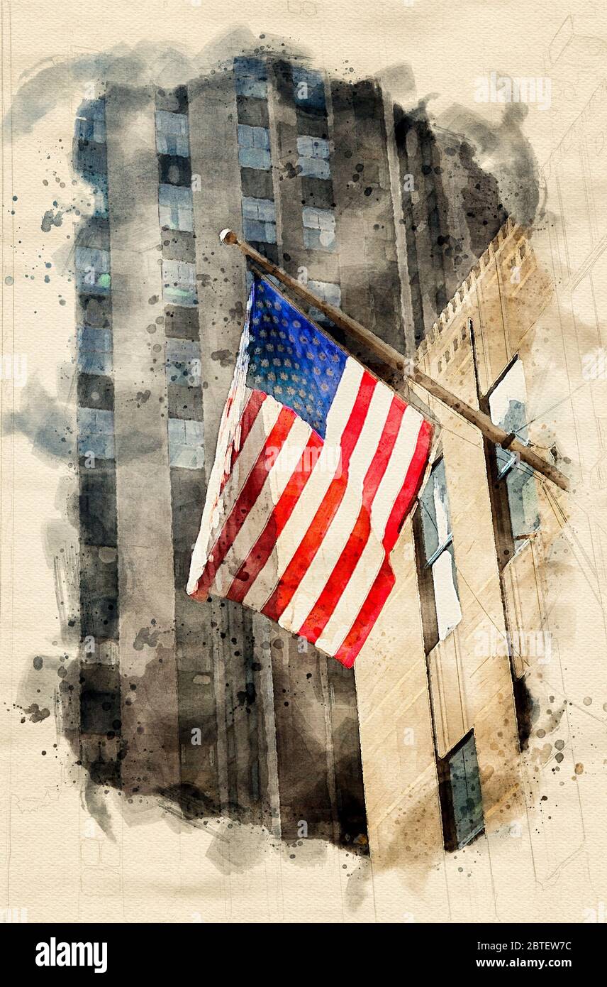 Watercolor painting of The American Flag Stars and stripes waving from ...