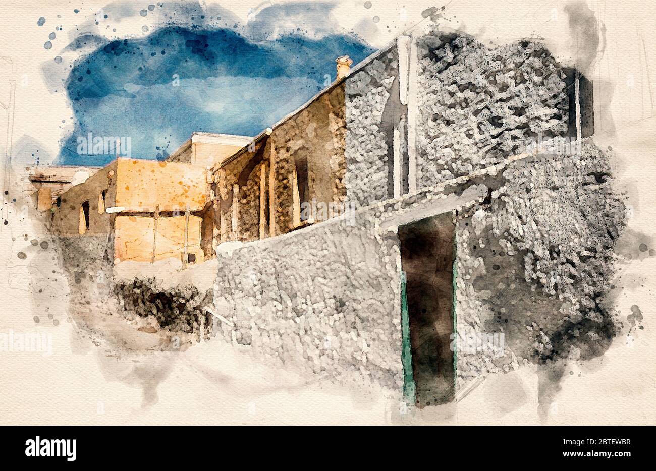 Watercolor painting of historic ructic stone houses in a greek village ...