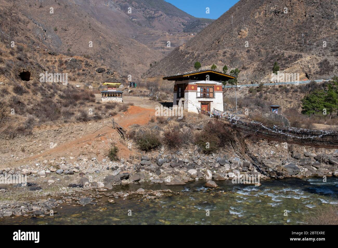 Bhutan. Paro-Thimphu Highway. Tachog Lhakhang, one of the oldest Dzongs ...