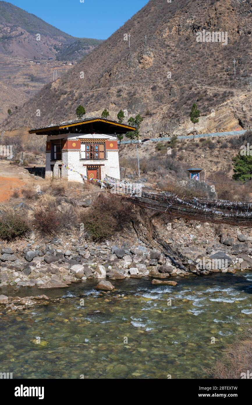Bhutan. Paro-Thimphu Highway. Tachog Lhakhang, one of the oldest Dzongs ...