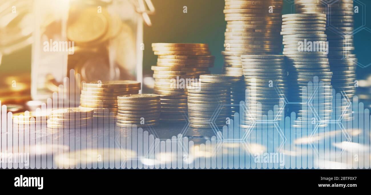 Finance and success. Collage of stacked golden coins with stock market ...