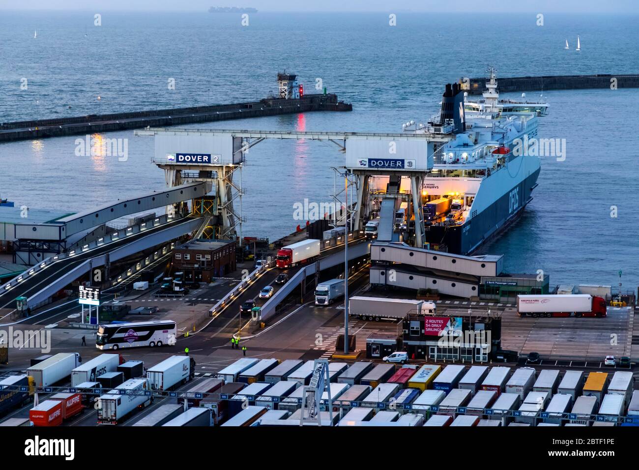England, Kent, Dover, Dover Docks, Freight Trucks Unloading from Cross ...