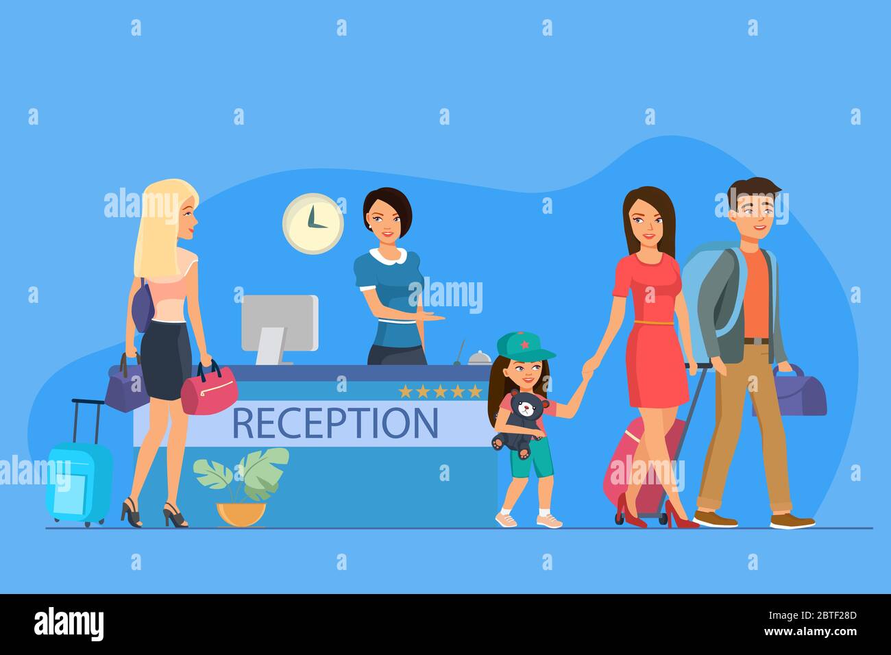 Happy family and tourist guests at the hotel reception. People with a ...