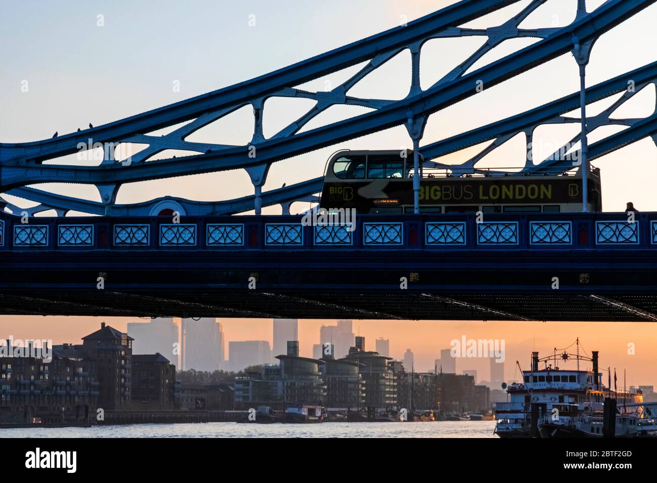 England, London, Double Decker Bus Crossing Tower Bridge with Canary ...