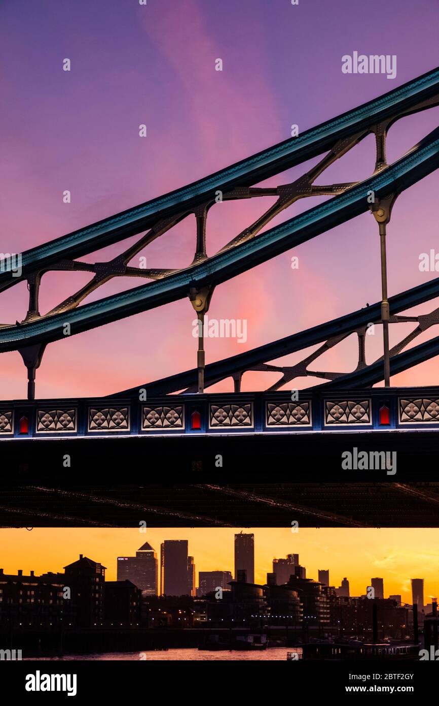 England, London, Tower Bridge and Canary Wharf Skyline at Dawn Stock ...