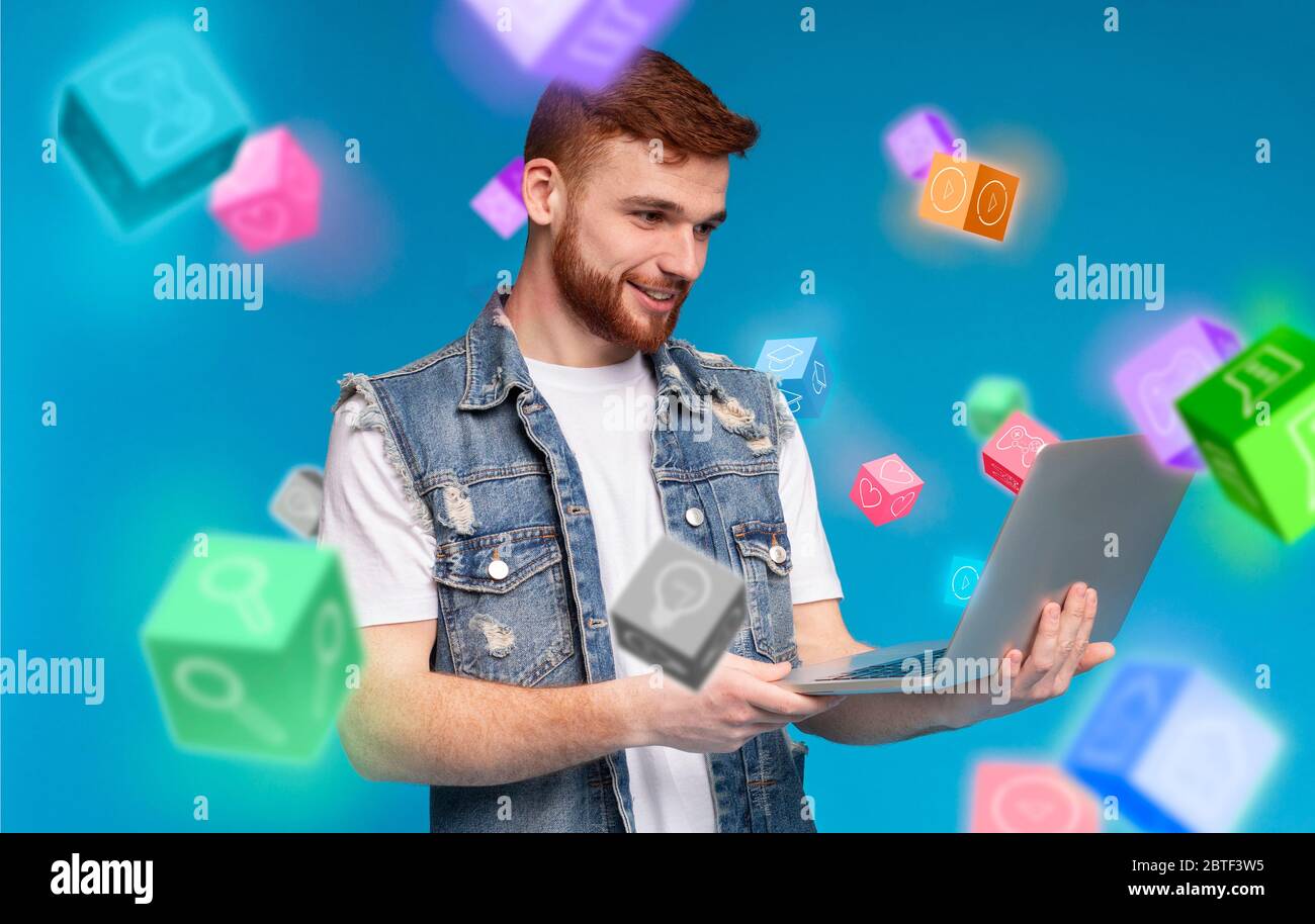 Collage of handsome guy working on laptop computer and user interface ...