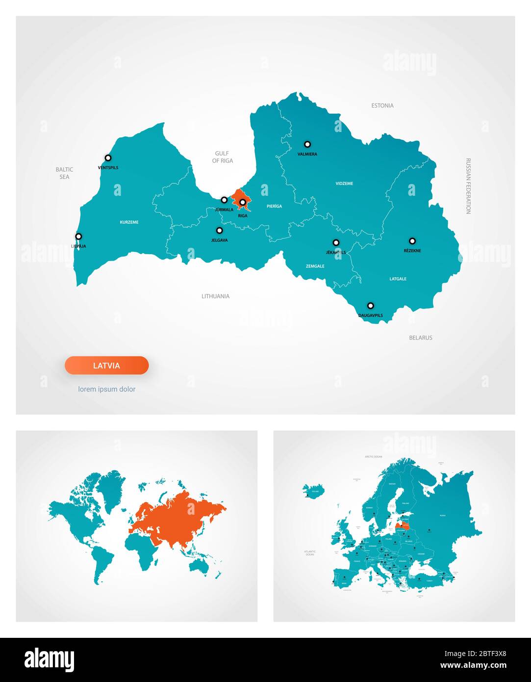 Editable template of map of Latvia with marks. Latvia on world map and ...