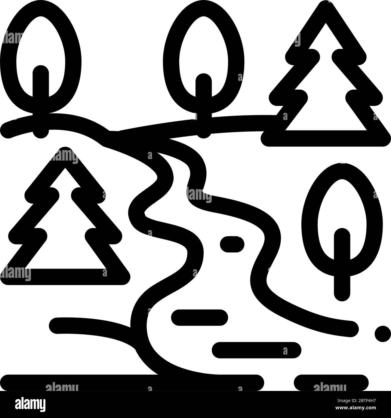 flowing river among different types of trees icon vector outline ...