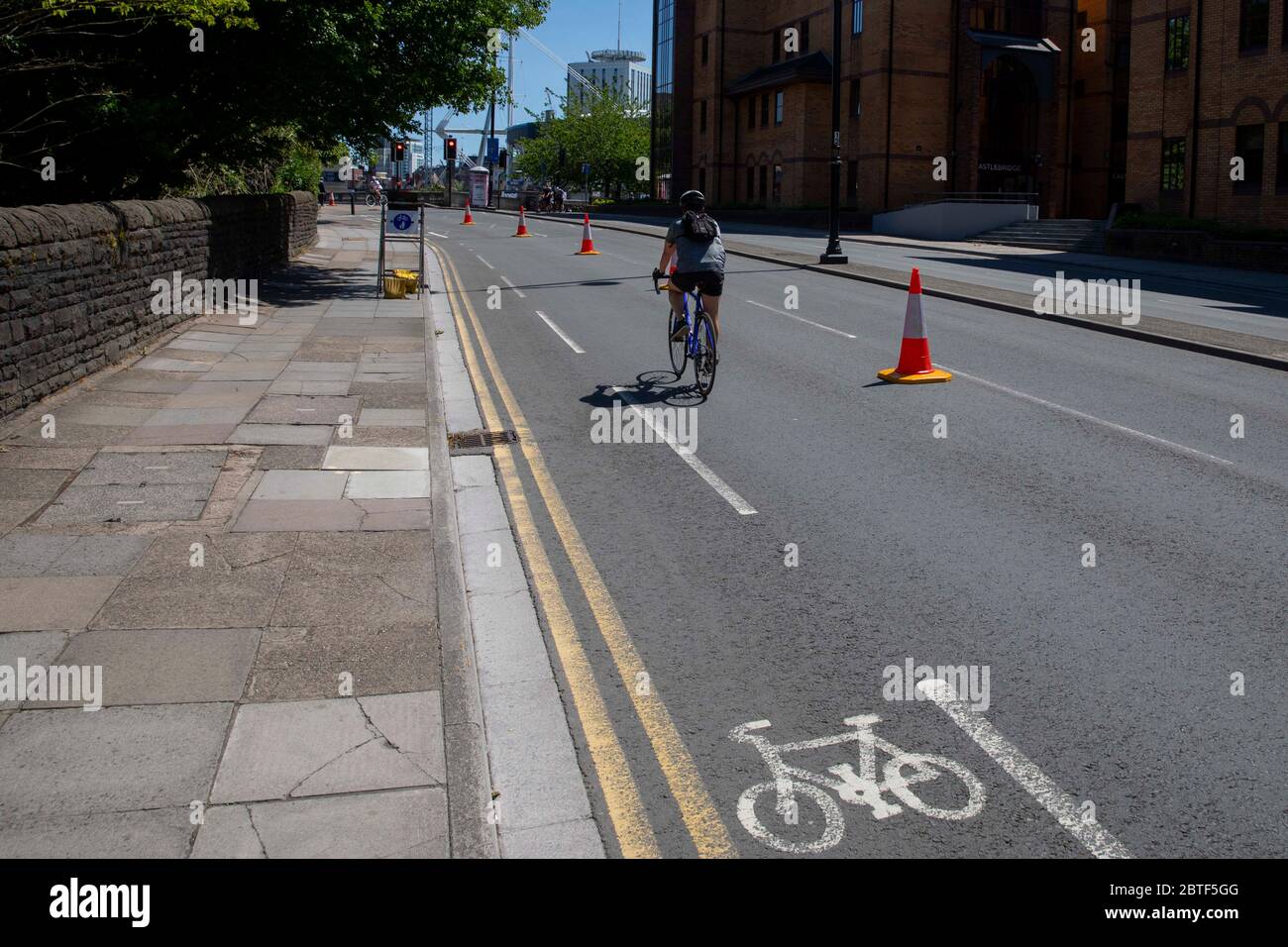 A newly widened cycle lane into Cardiff city centre, May 2020 Stock ...