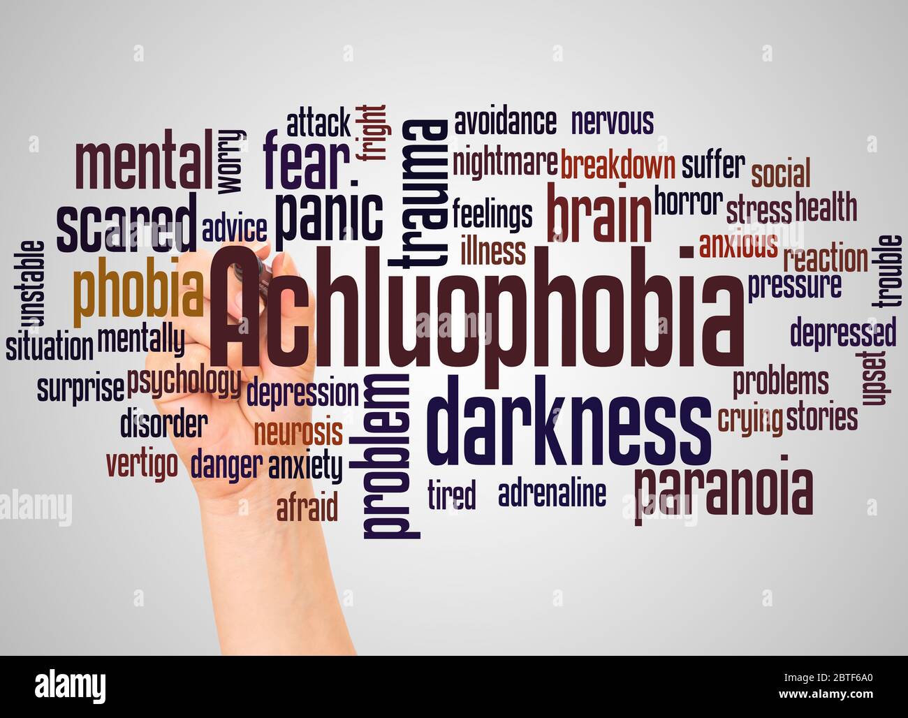 Achluophobia fear of darkness word cloud and hand with marker concept ...