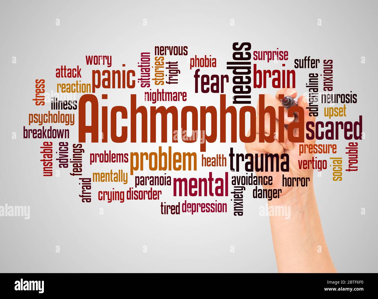 Aichmophobia fear of needles or pointed objects word cloud and hand ...