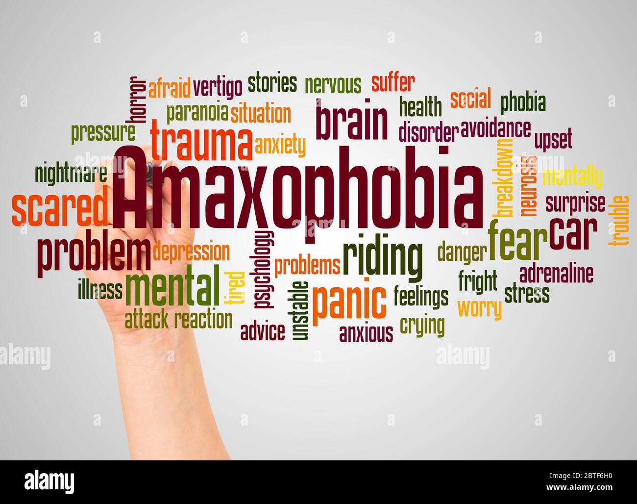Amaxophobia fear of riding in a car word cloud and hand with marker ...