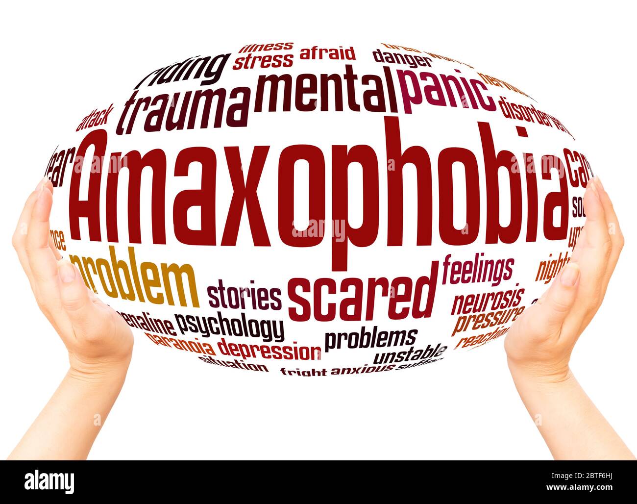 Amaxophobia fear of riding in a car word hand sphere cloud concept on white background Stock ...