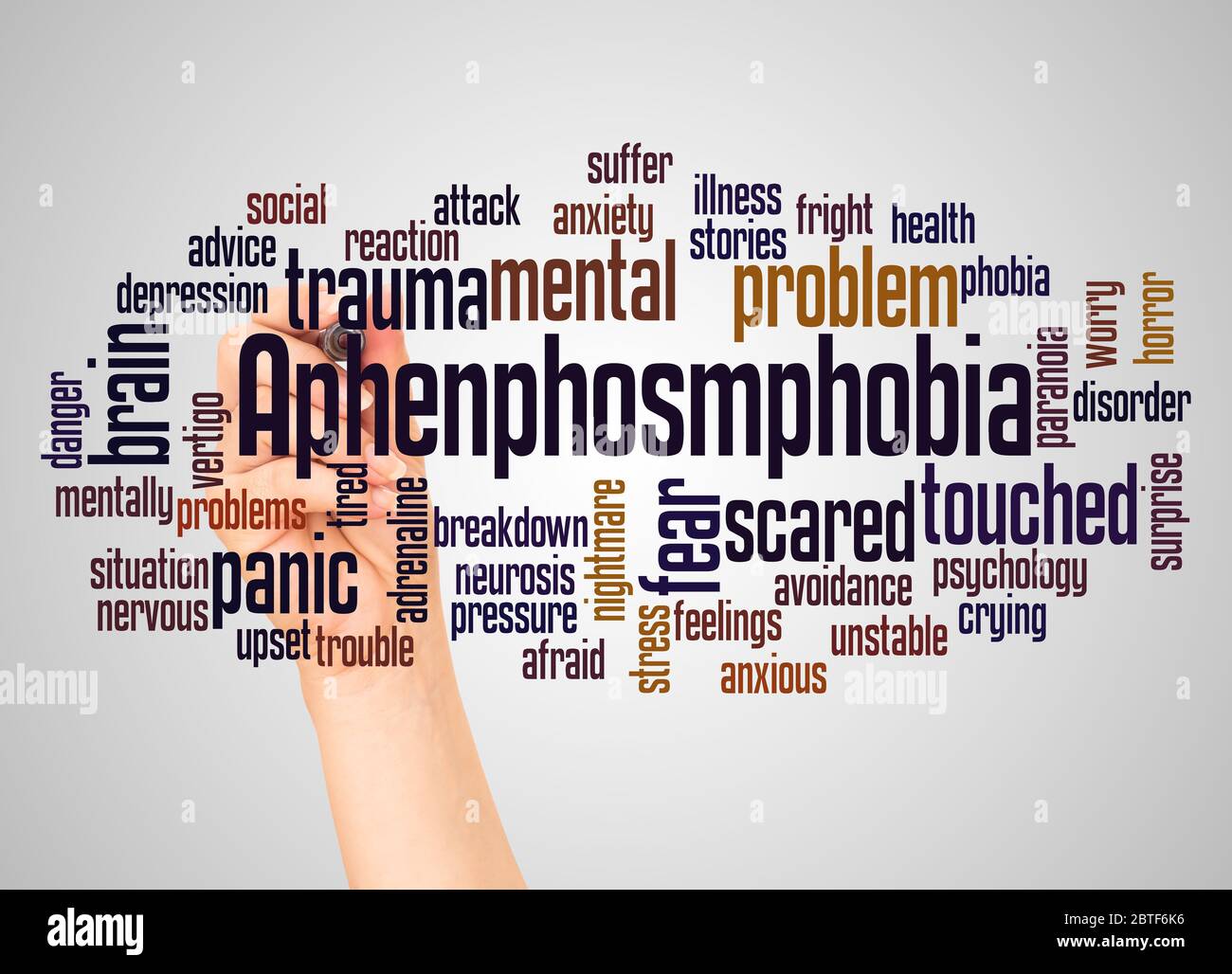 Aphenphosmphobia fear of being touched word cloud and hand with marker ...