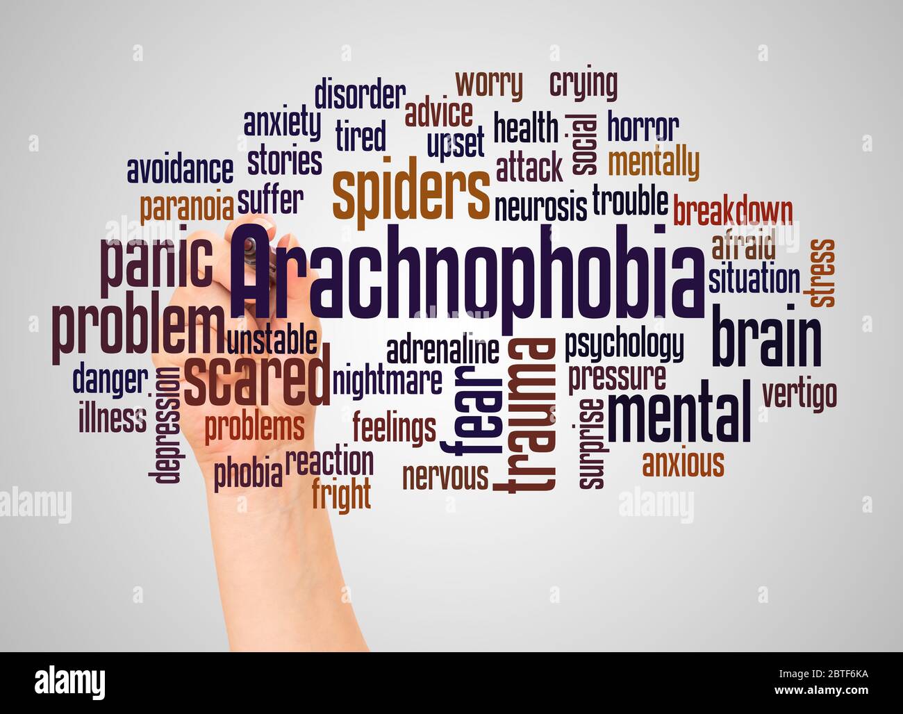 Arachnophobia fear of spiders word cloud and hand with marker concept ...