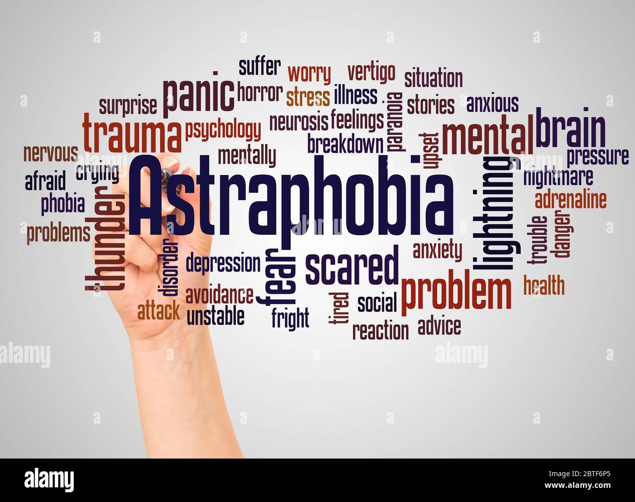 Astraphobia fear of thunder and lightning word cloud and hand with marker concept on white ...