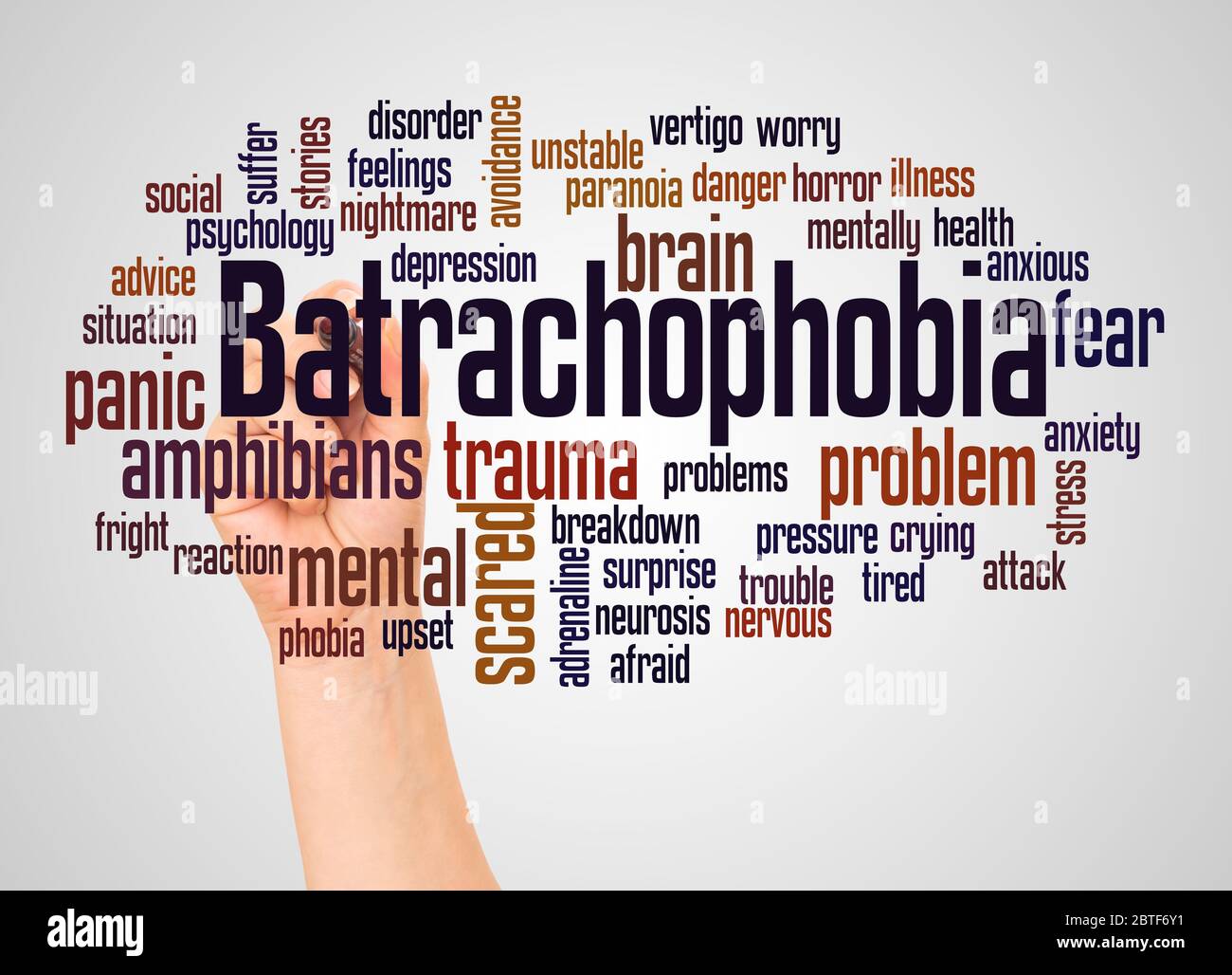 Batrachophobia fear of amphibians word cloud and hand with marker ...
