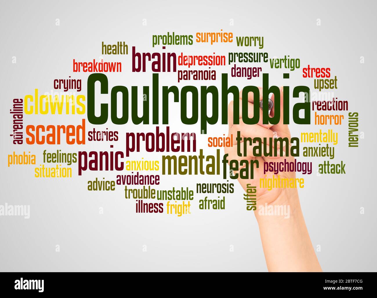 Coulrophobia fear of clowns word cloud and hand with marker concept on ...