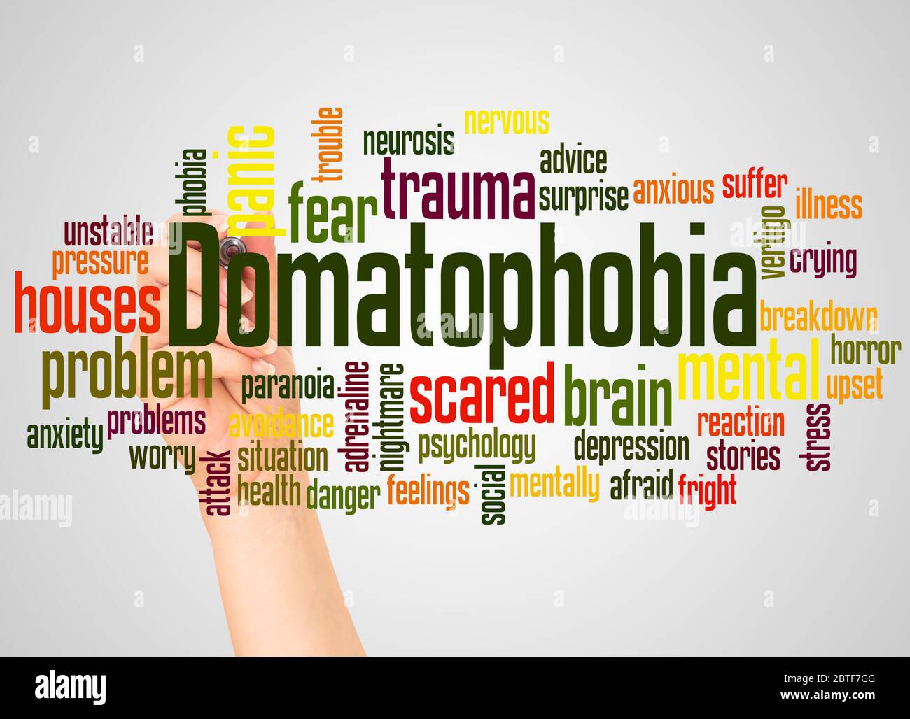 Domatophobia fear of houses word cloud and hand with marker concept on ...