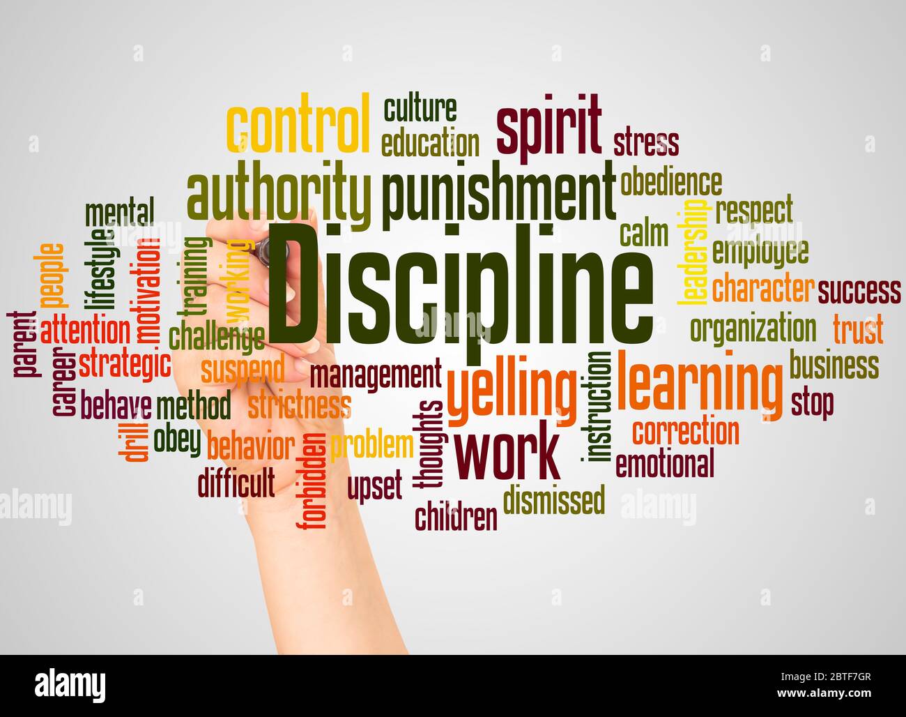 Discipline word cloud and hand with marker concept on white background ...