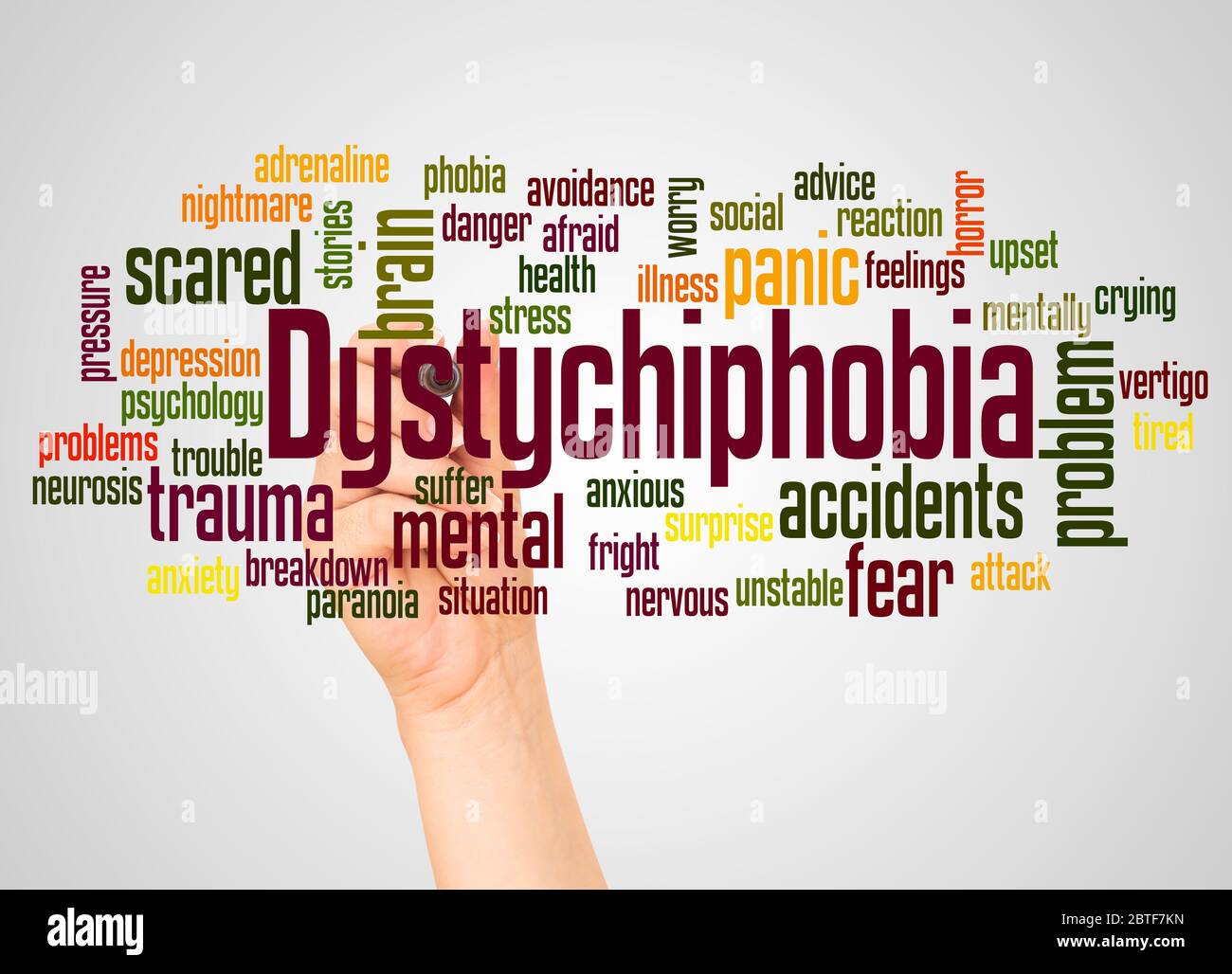 Dystychiphobia fear of accidents word cloud and hand with marker ...