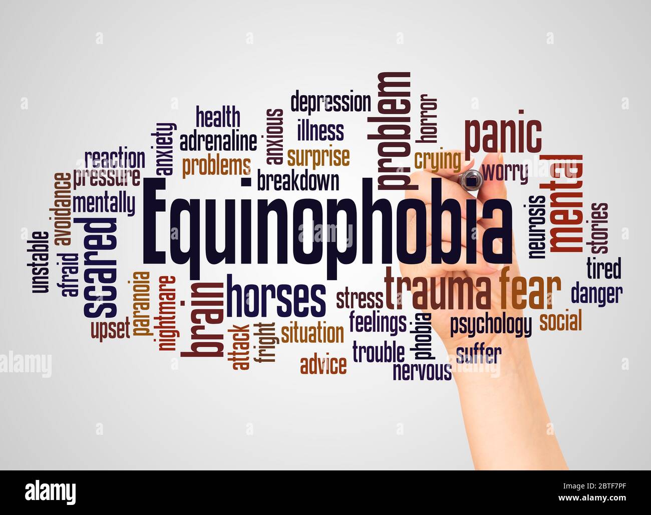 Equinophobia fear of horses word cloud and hand with marker concepton ...