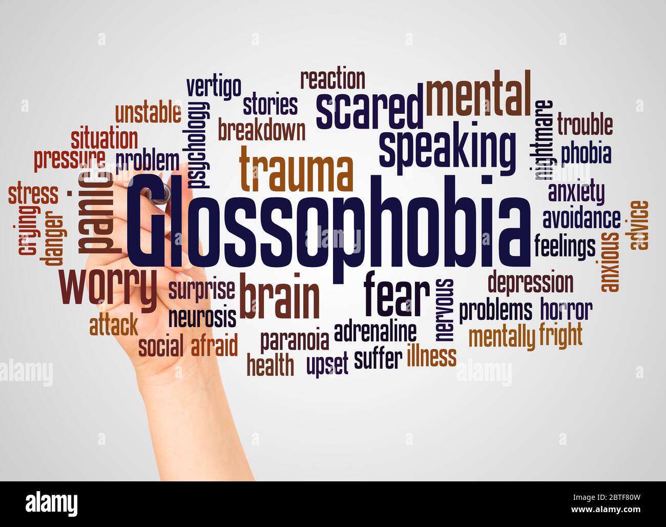 Glossophobia fear of speaking in public word cloud and hand with marker ...
