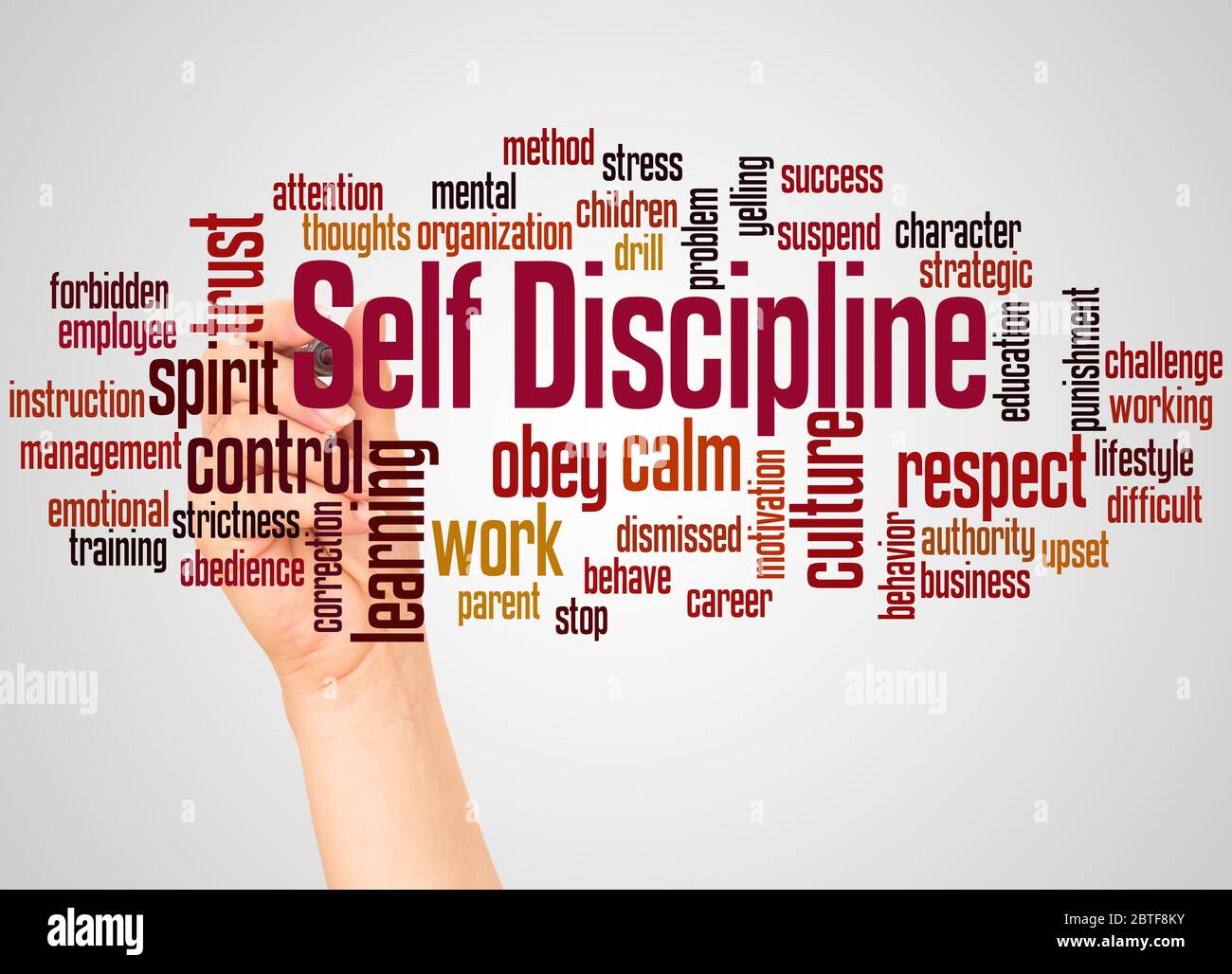 Self Discipline word cloud and hand with marker concept on white ...