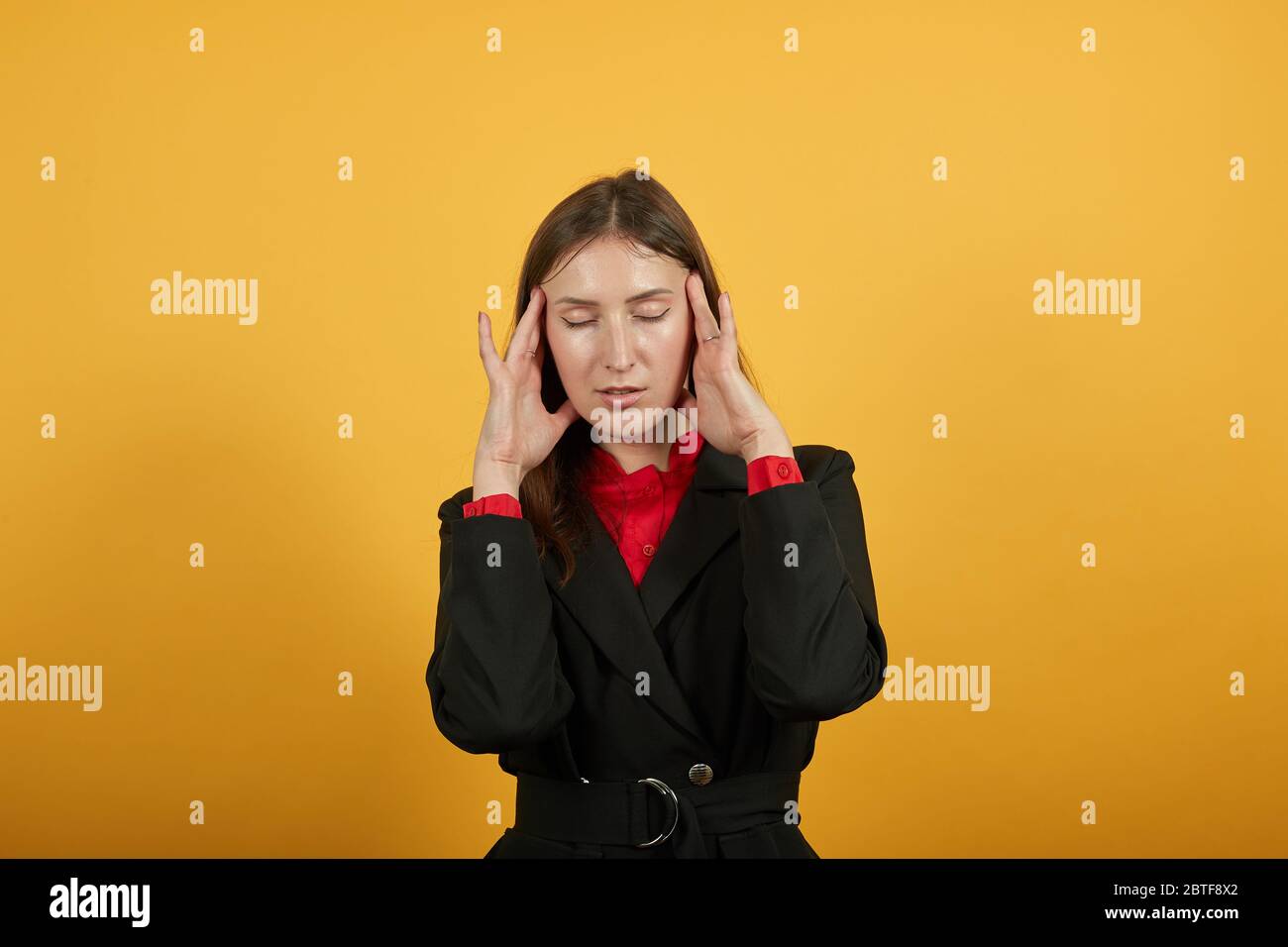 Tired Female Holding Hands Over Her Head And Suffering. Headaches ...