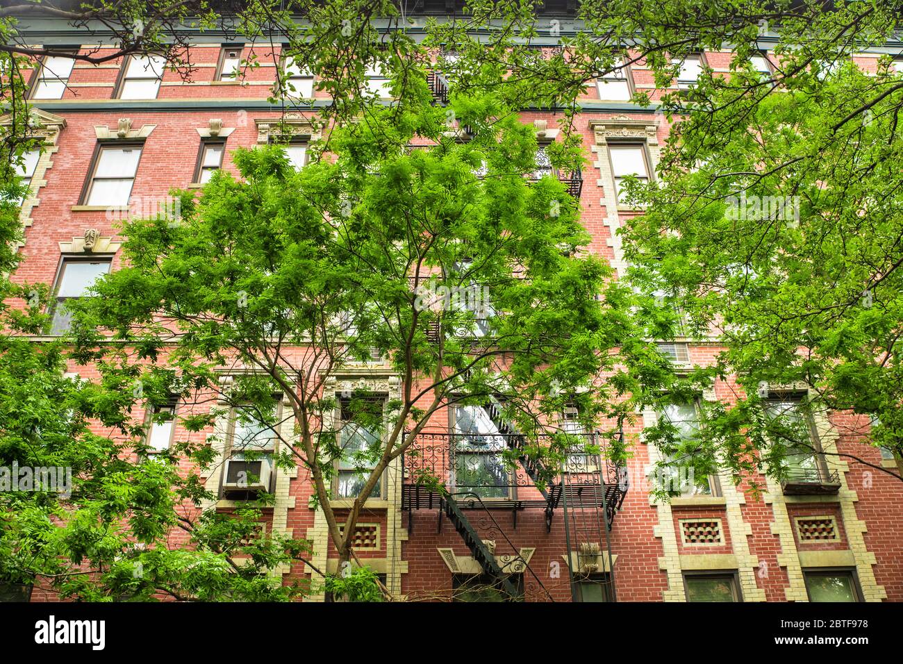 Typical New York City brick apartment building in spring surrounded by ...