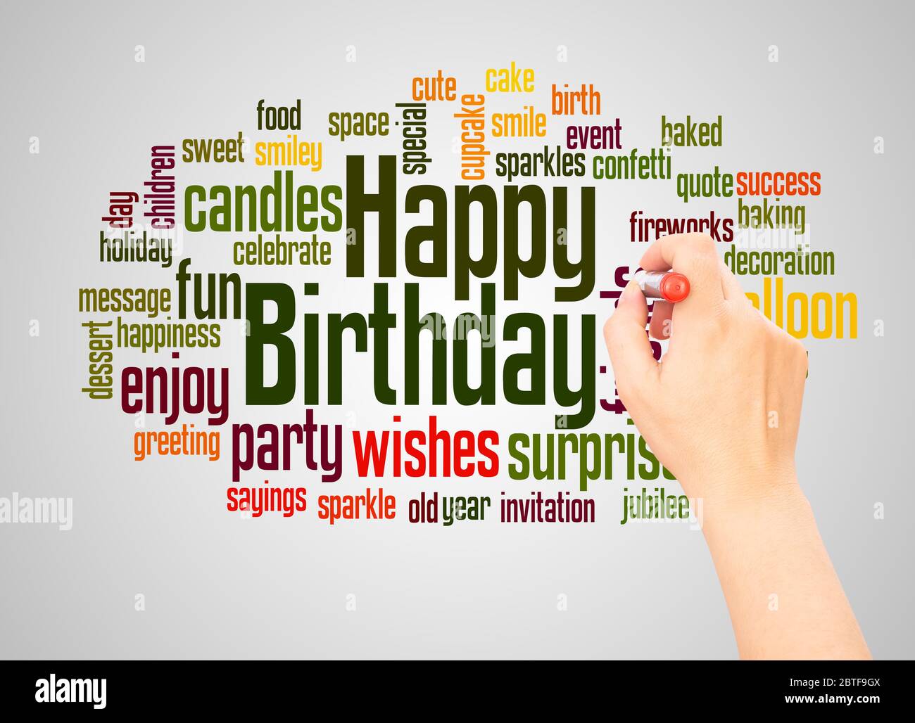 Happy birthday word cloud hand writing concept on white background ...