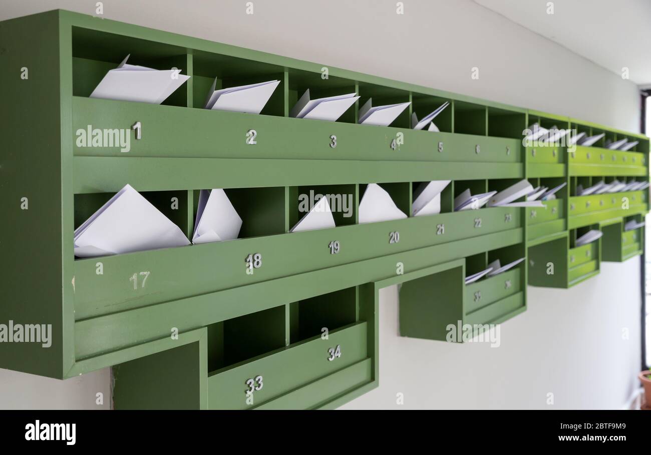 wooden Mailbox on condominium , Resident, apartment service. Letter box ...