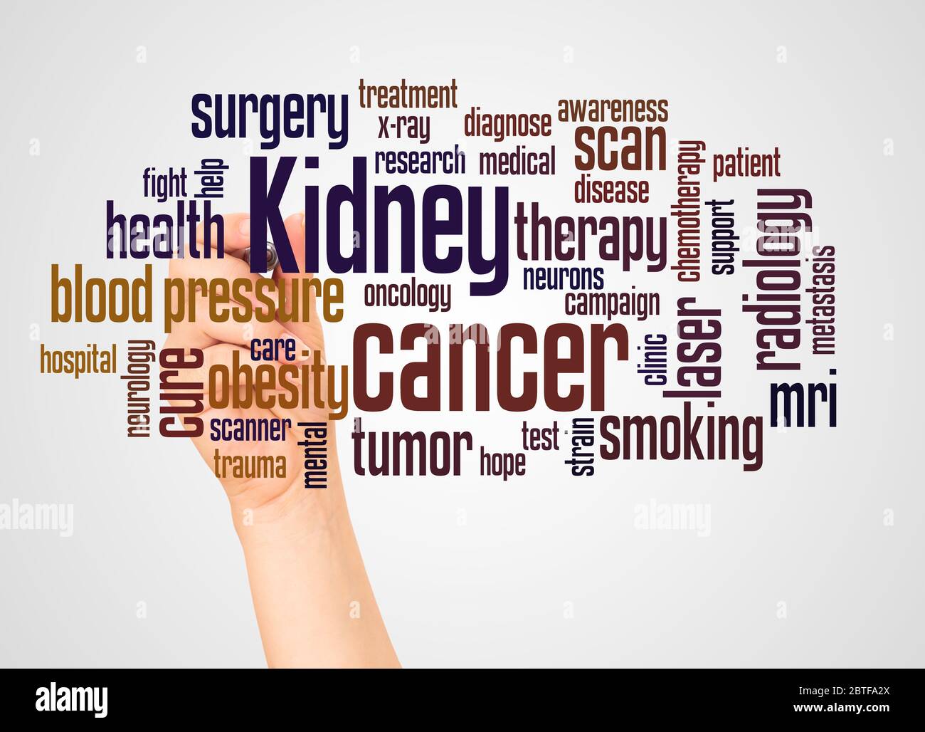 Kidney cancer word cloud and hand with marker concept on white ...