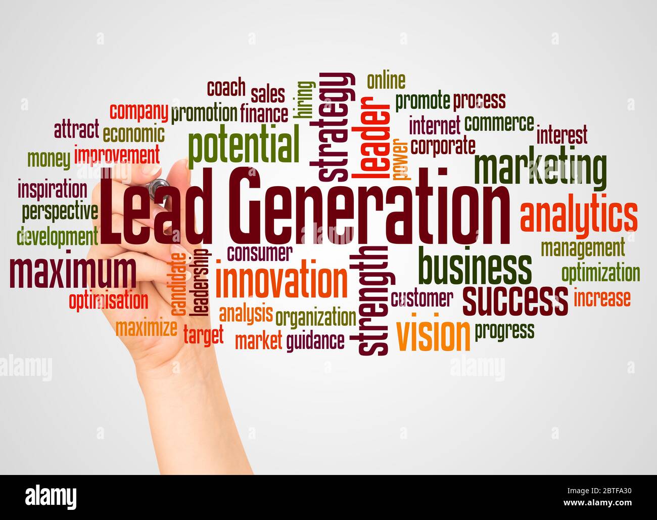 Lead generation word cloud and hand with marker concept on white ...