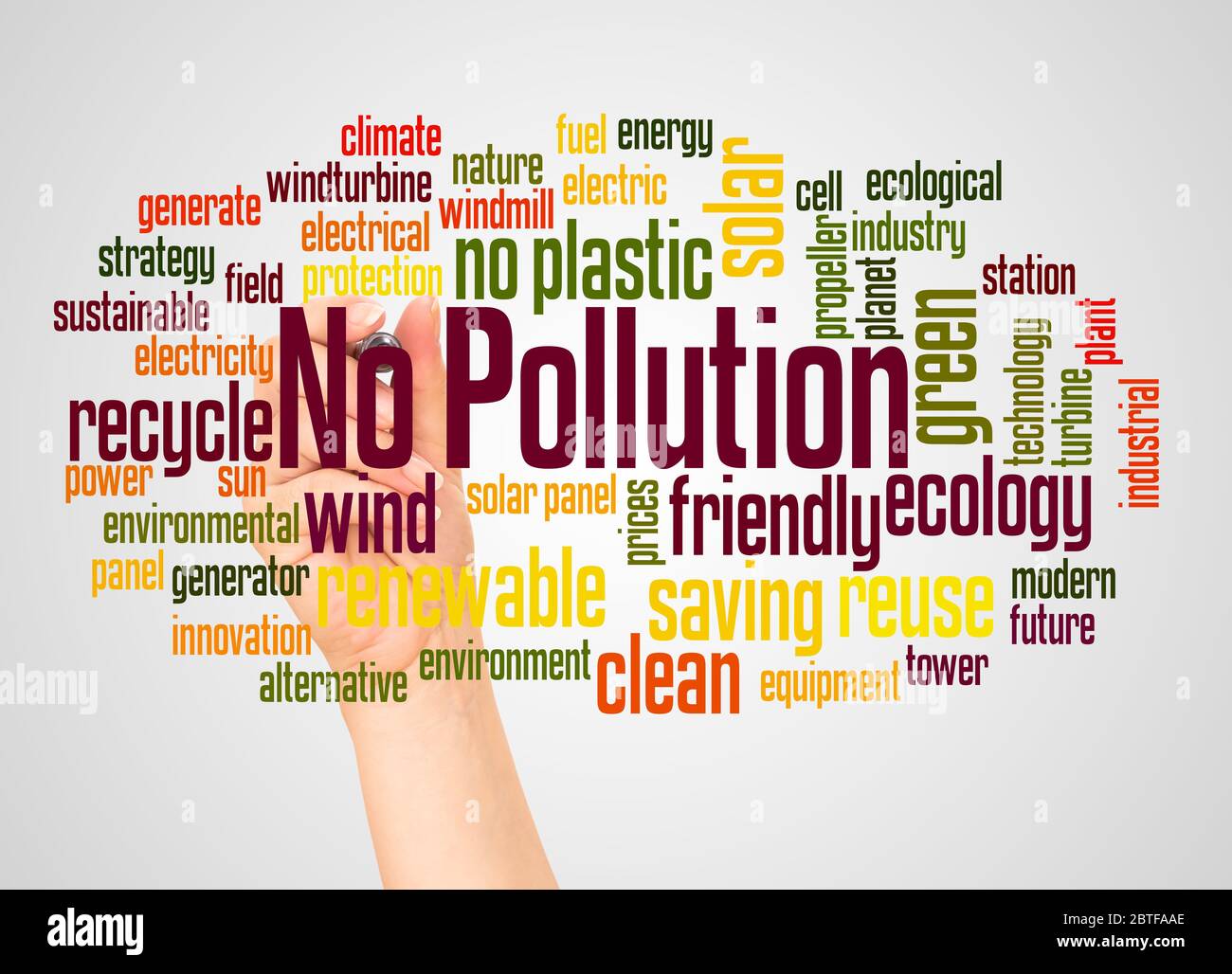 No pollution energy word cloud and hand with marker concept on white ...