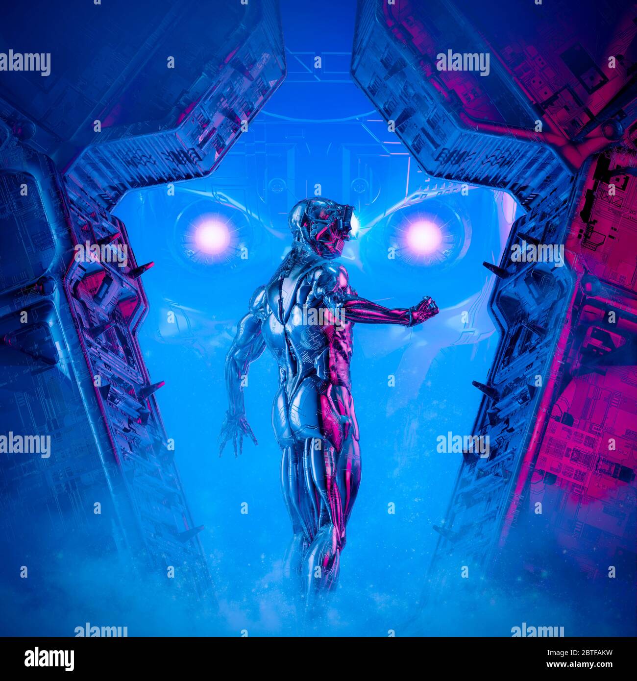 Overlord of Titan / 3D illustration of science fiction cyborg preparing ...