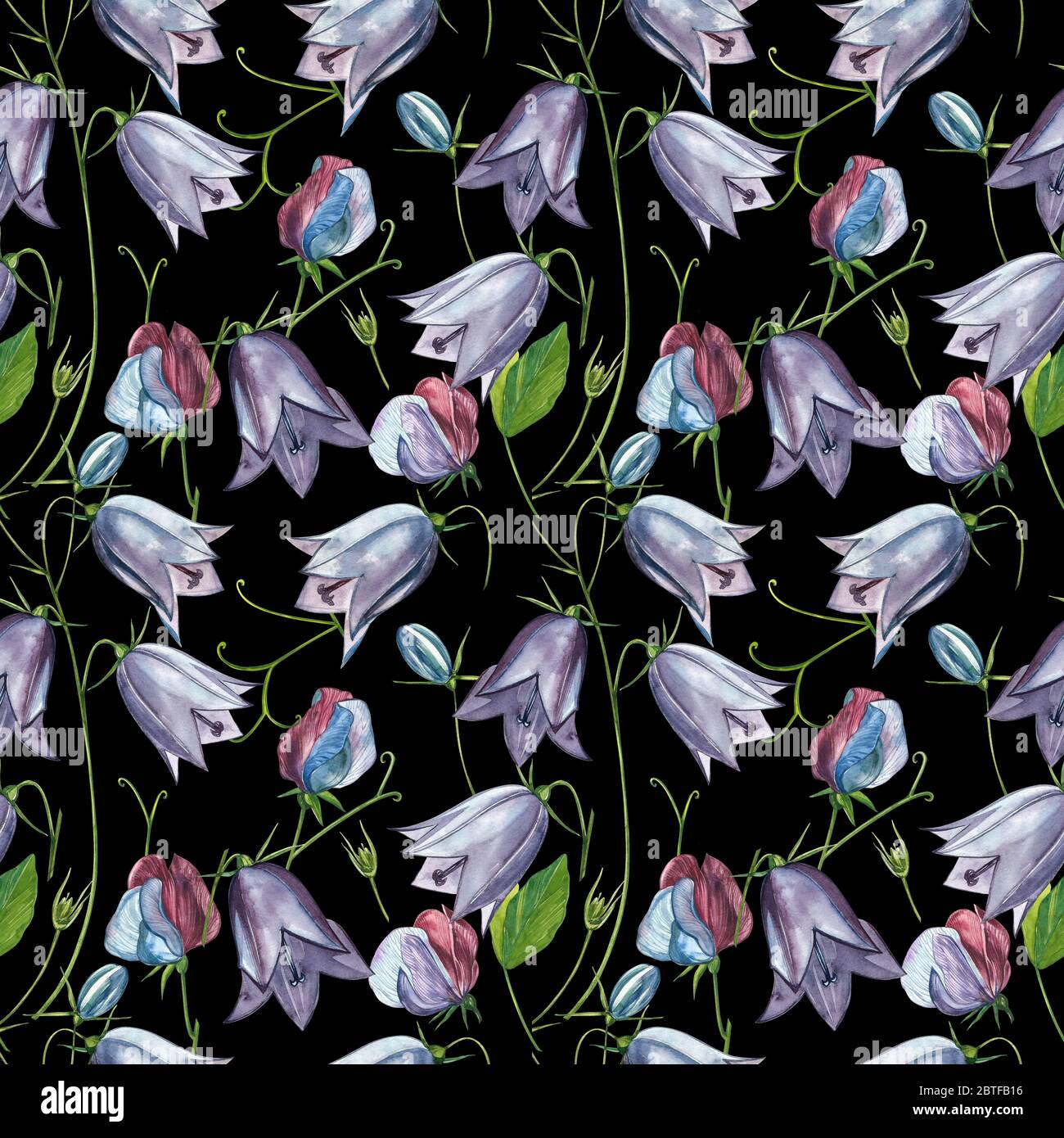 Bellflower blossoms, leaves and bouquets set. Seamless patterns ...