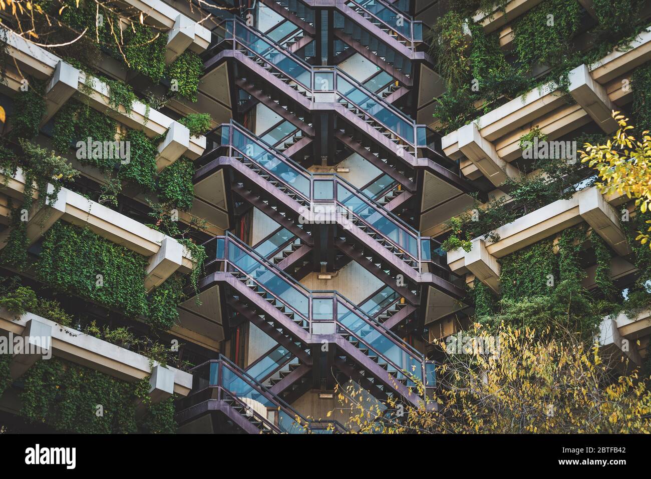 Exterior stairway of an office building covered by hydroponic floating ...